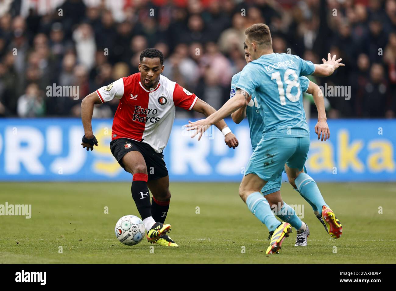 ROTTERDAM - (l-r) Quinten Timber of Feyenoord, Jens Toornstra of FC Utrecht during the Dutch ...