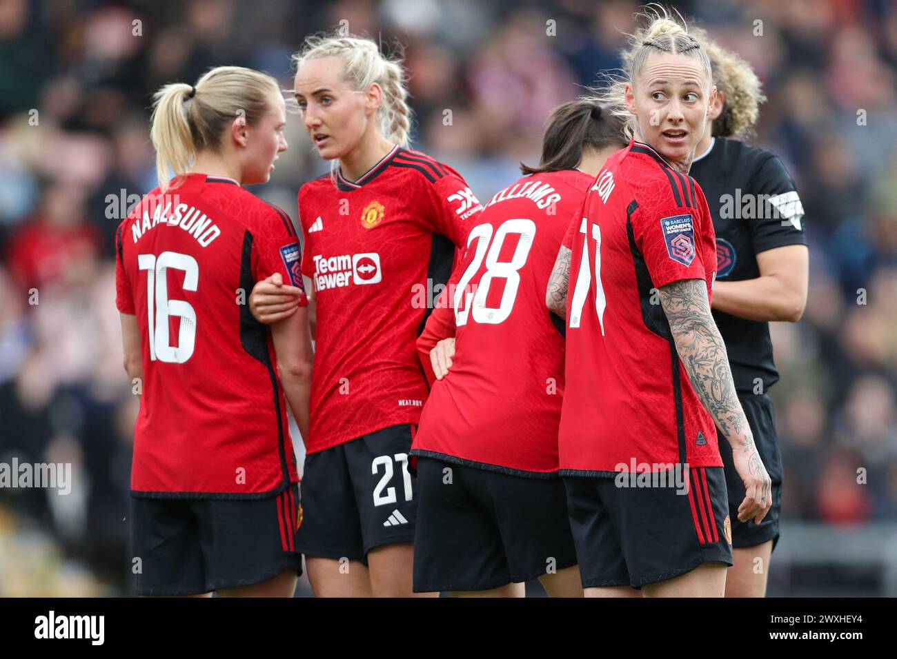 Leigh, UK. 31st March, 2024. Millie Turner and Leah Galton in the wall during the Barclays Women ...