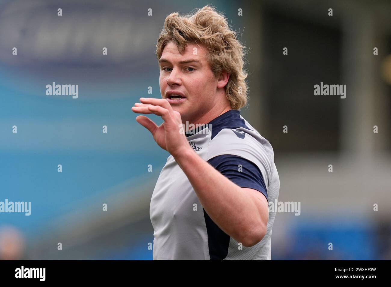 Ernst Van Rhyn of Sale Sharks gestures during the warm up before the ...