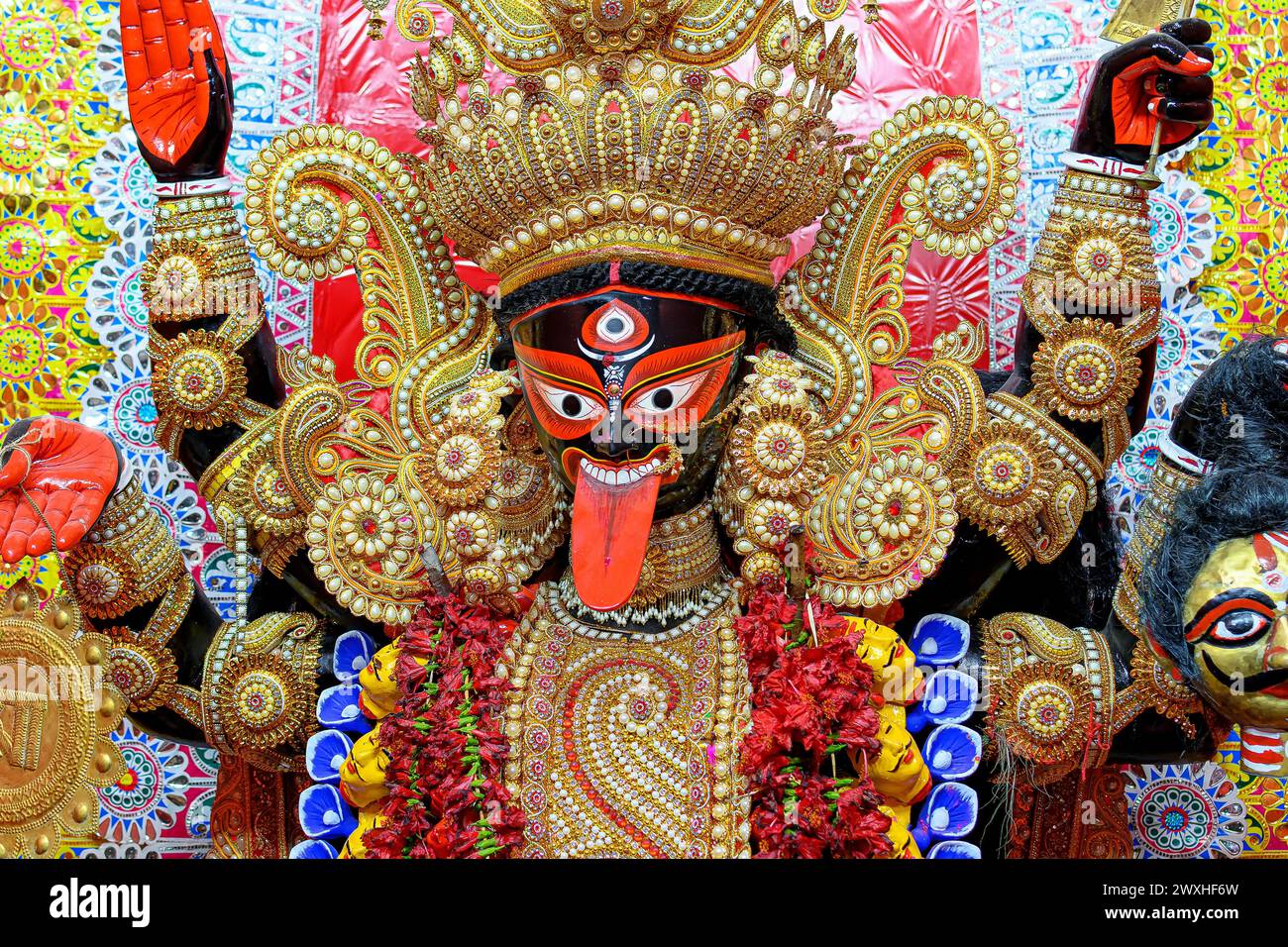 Idol of Goddess Maa Kali at a decorated puja pandal in Kolkata, West ...