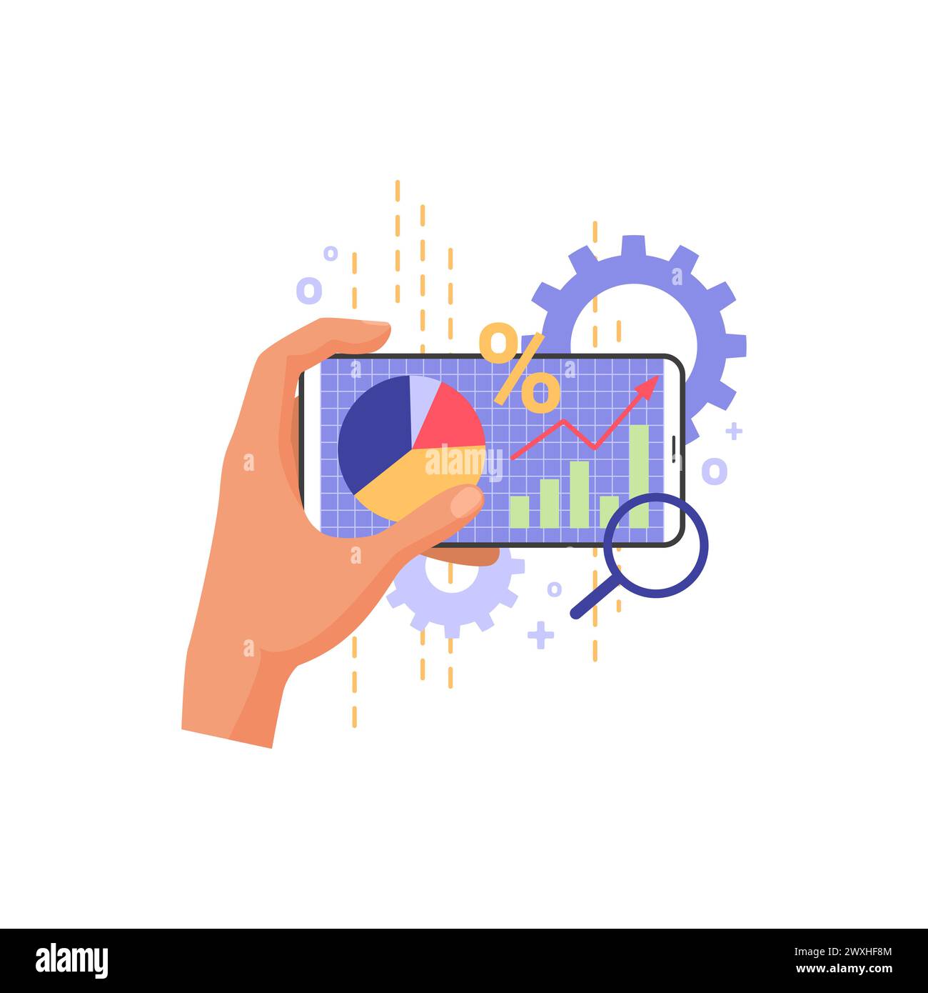 Hand holding mobile phone with data analysis, pie chart and arrow graph ...