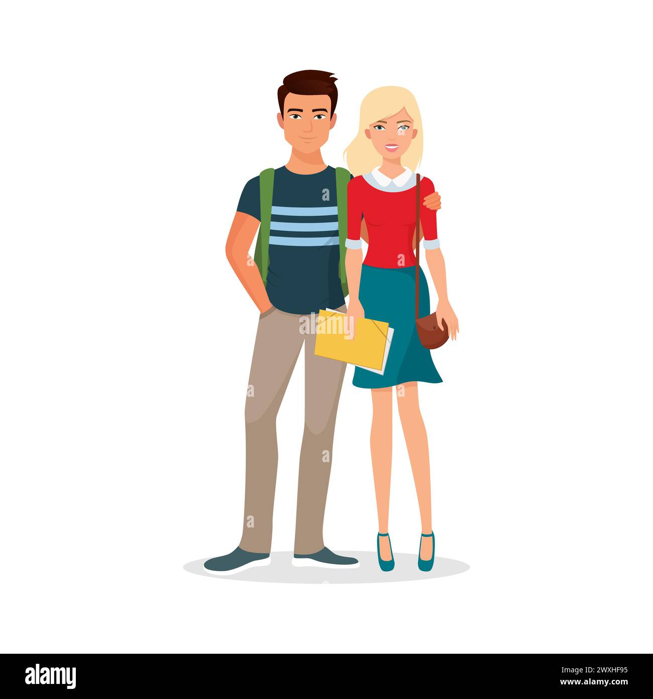 Young couple student. University teenagers student, college pupils cartoon vector illustration ...