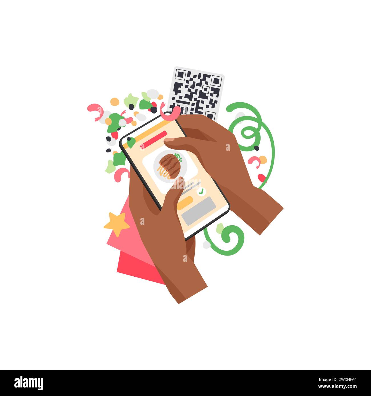 Hands holding mobile phone to select food delivery from online ...