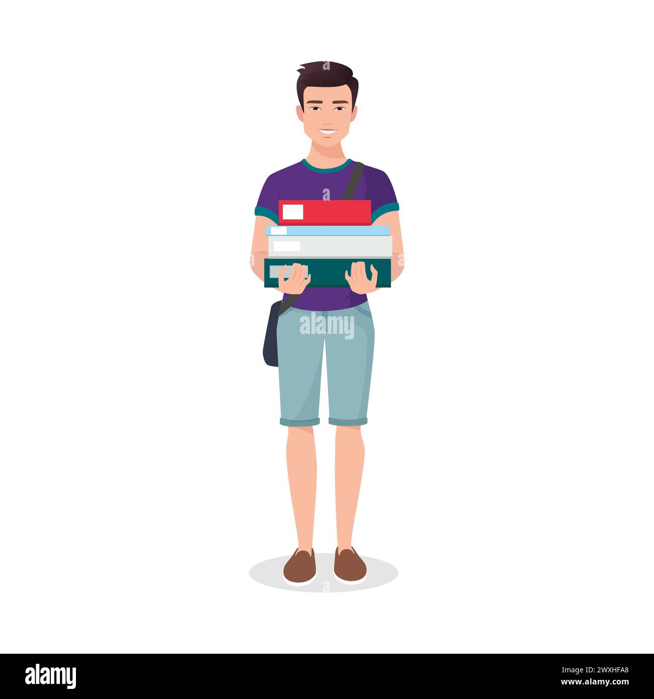 Student boy with stack of books. University male teenager student ...