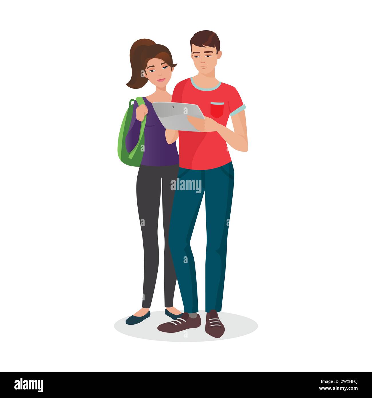 Student couple using tablet. University online learning system cartoon ...