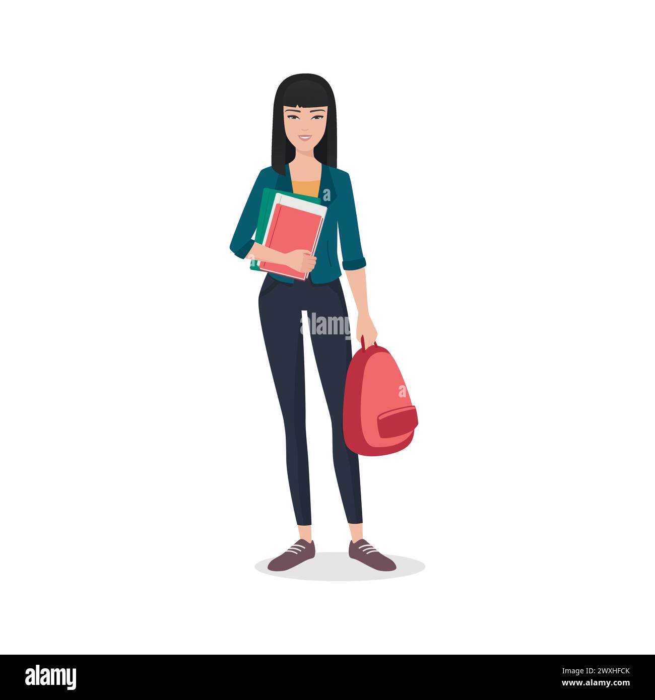 Student girl with backpack and books. University female teenager ...