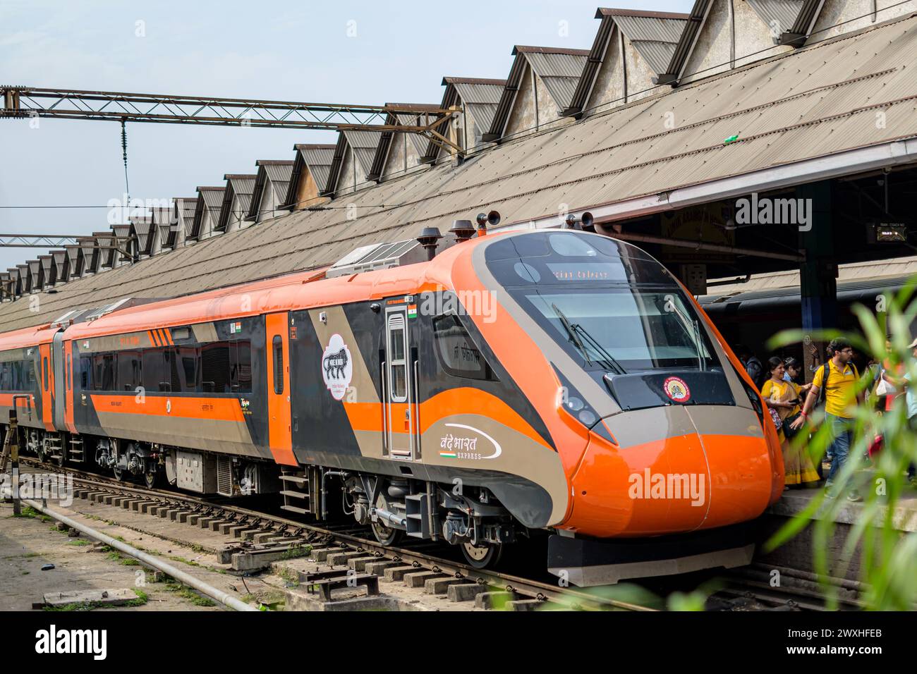 Vande Bharat Express standing at a Junction Railway Station of Indian Railways system in Howrah ...