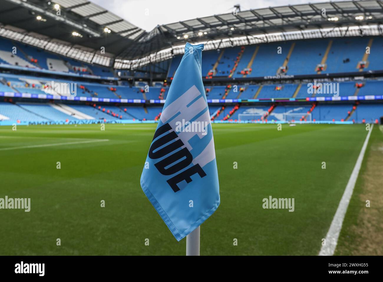 A general view of the Etihad Stadium and corner flag with Hey Jude on ...