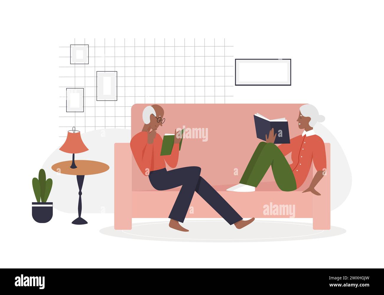 Elderly couple relaxed on sofa reading. Retirement leisure time cartoon vector illustration ...