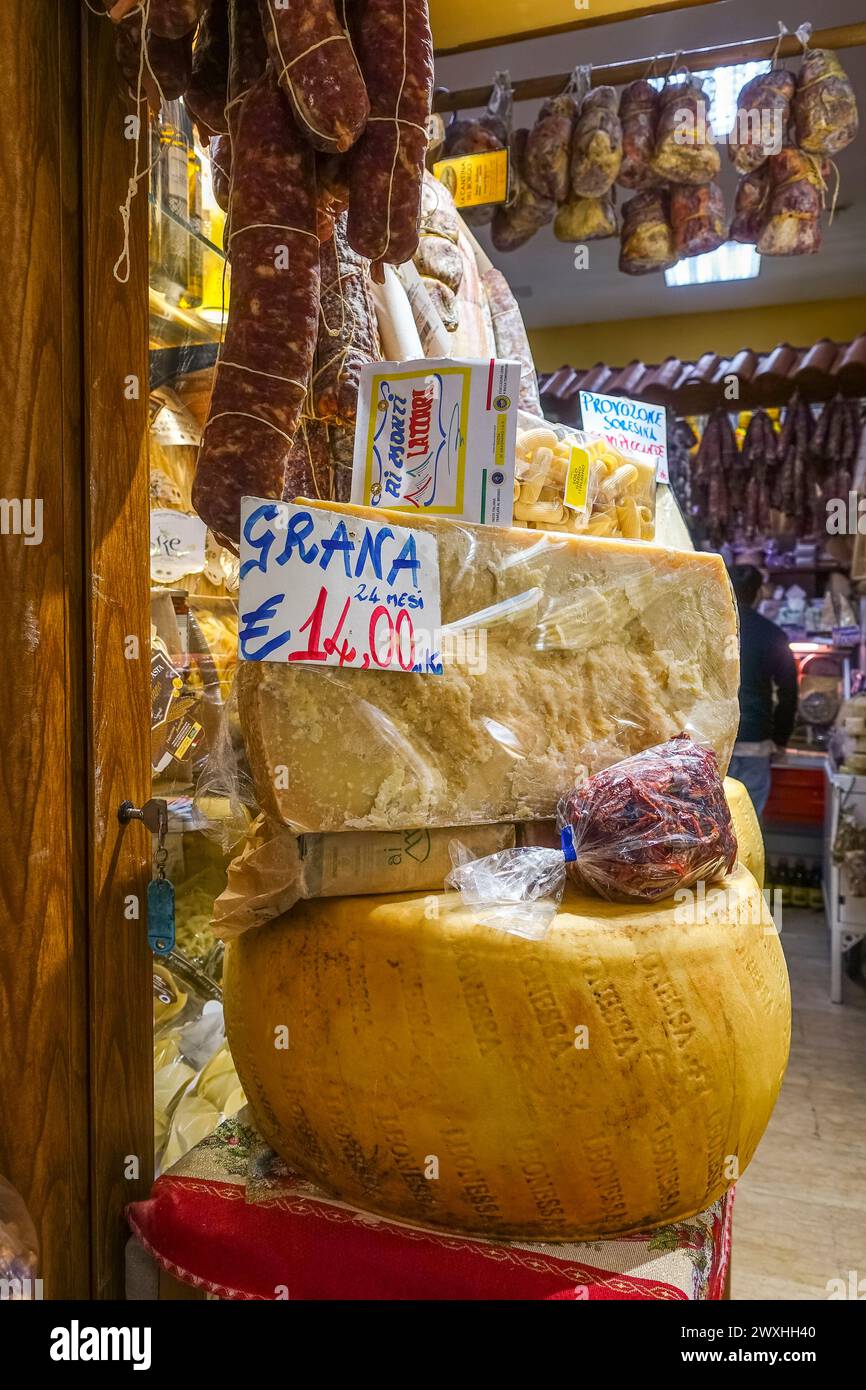 Italian cheese displayed at food shop in Naples, Ai Monti Lattari ...