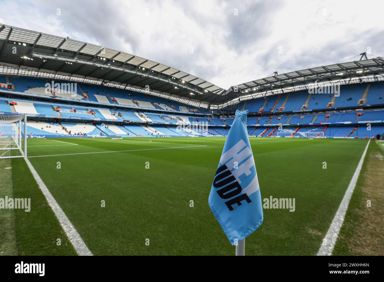 A general view of the Etihad Stadium and corner flag with Hey Jude on ...