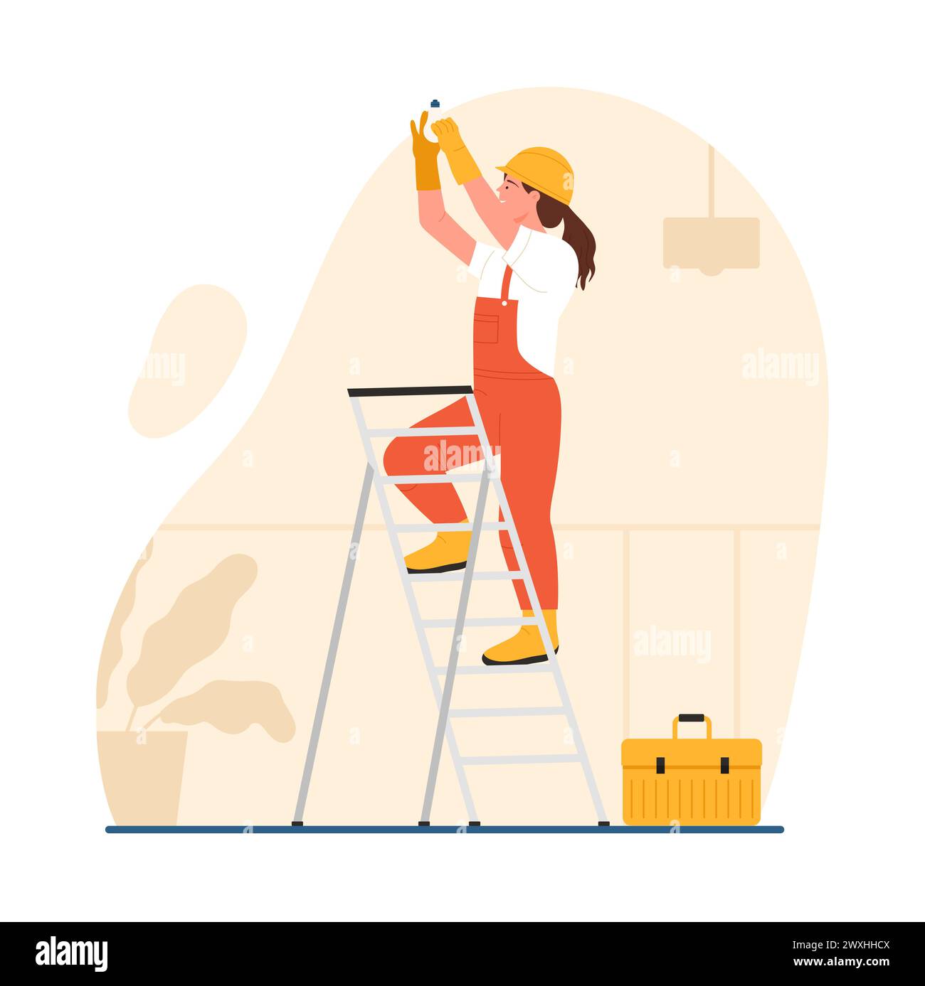 Electrician woman installing light bulb. Electrician repair service ...