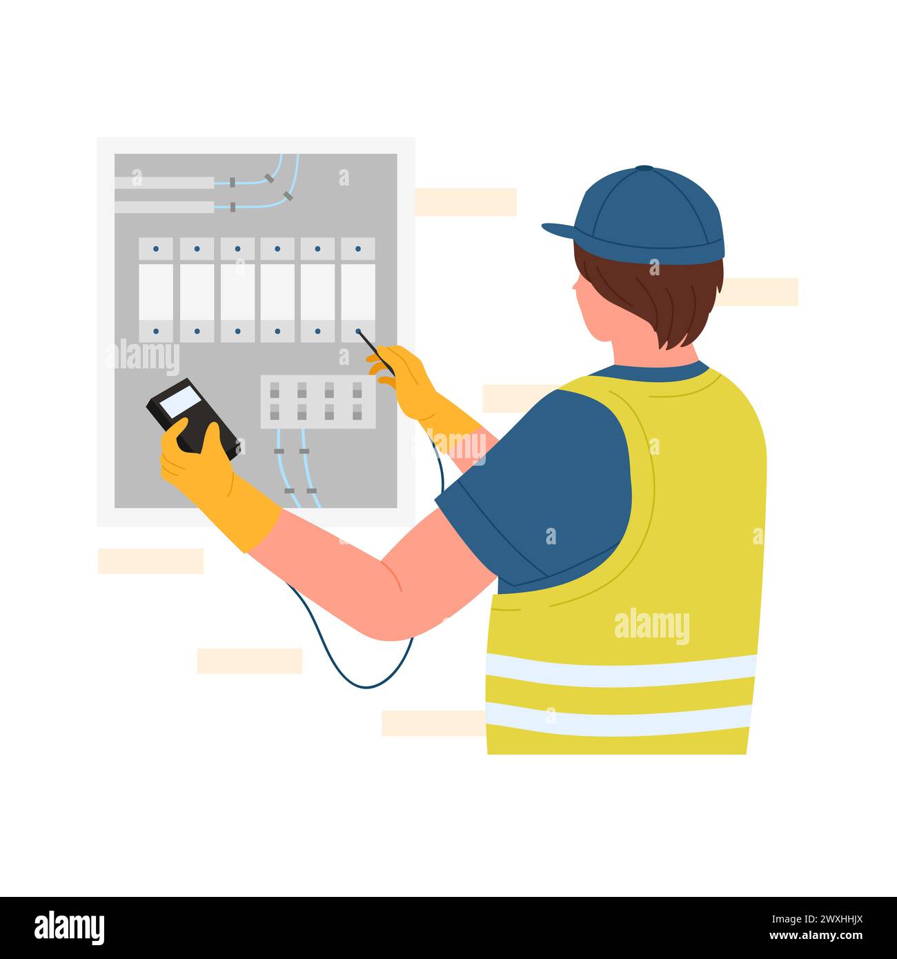 Electrician worker checking voltage. Electrician repair service, industrial worker flat vector ...