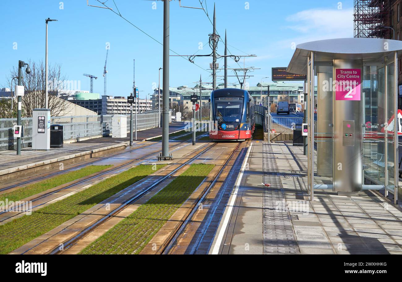 Tram approaching a platform in Newhaven, Edinburgh, Scotland Stock Photo - Alamy