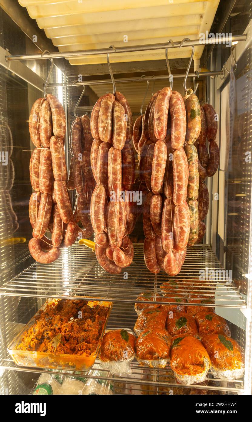 italian sausages in a butcher shop, Naples Italy Stock Photo - Alamy