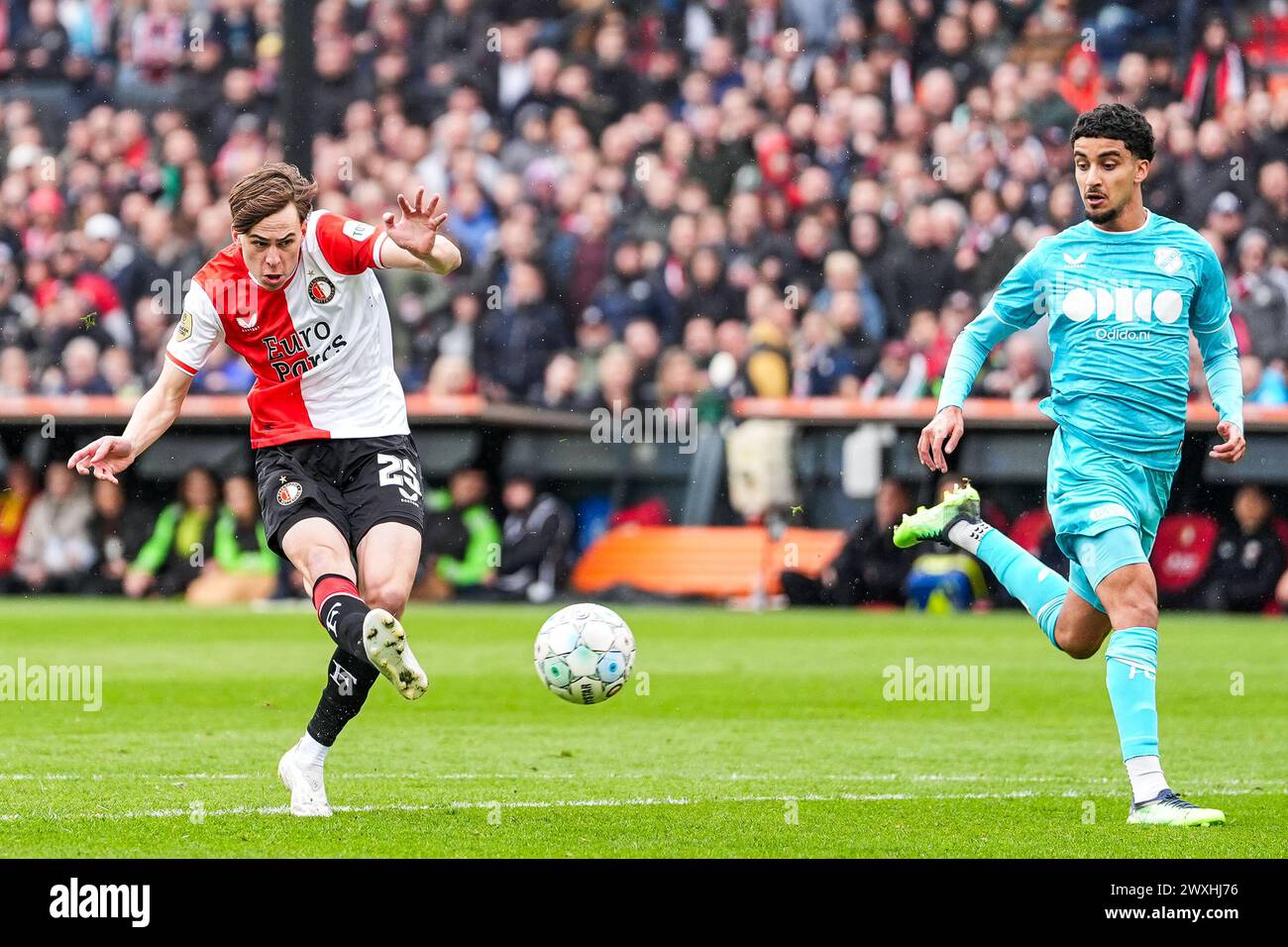 Rotterdam, The Netherlands. 31st Mar, 2024. Rotterdam - Leo Sauer of Feyenoord scores the 4-2 ...