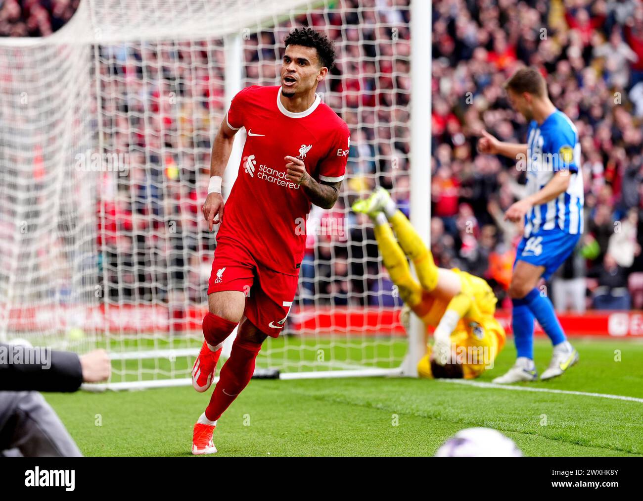 Liverpool's Luis Diaz celebrates scoring a goal which is later ruled ...