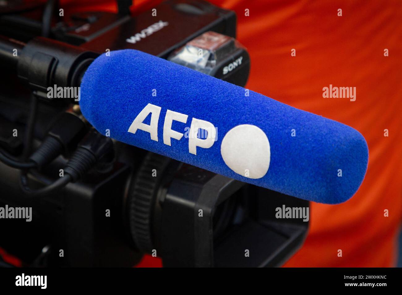 Vernet, France. 28th Mar, 2024. An AFP microphone, France, Vernet, on ...