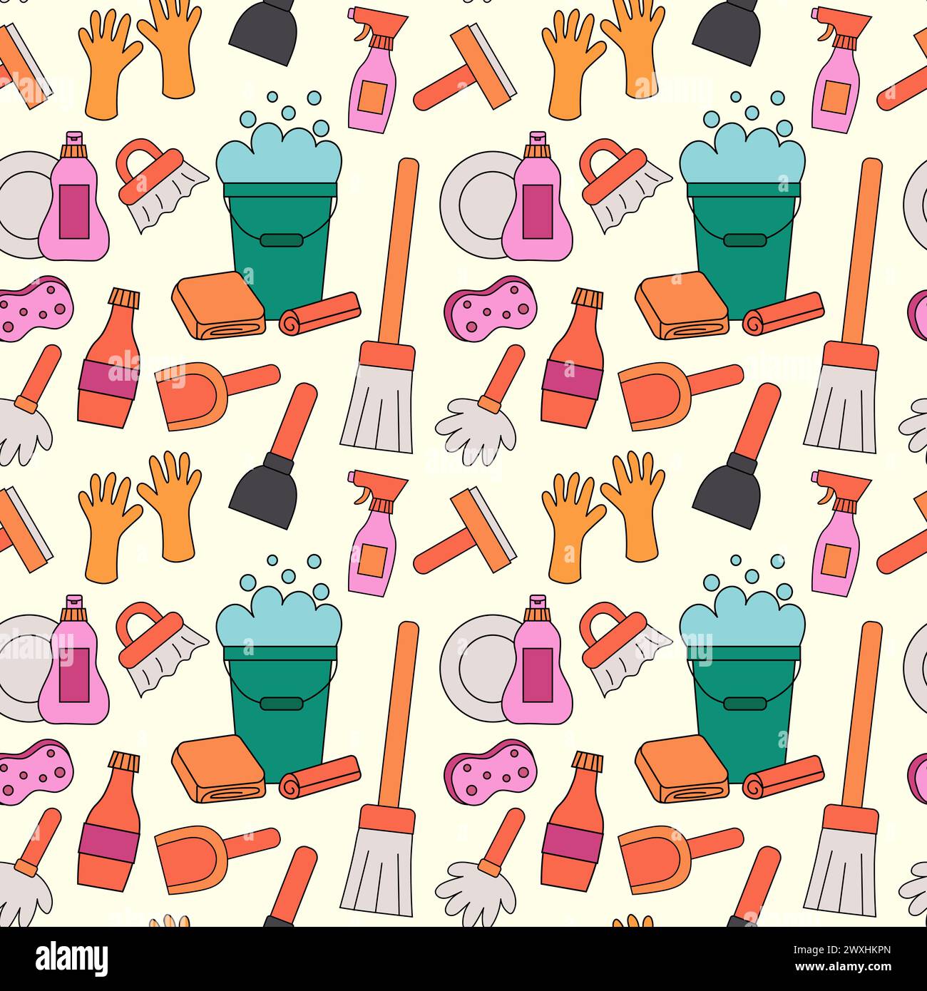 Seamless Pattern with Cleaning Tools Elements. Mop, dishwash, plunger ...