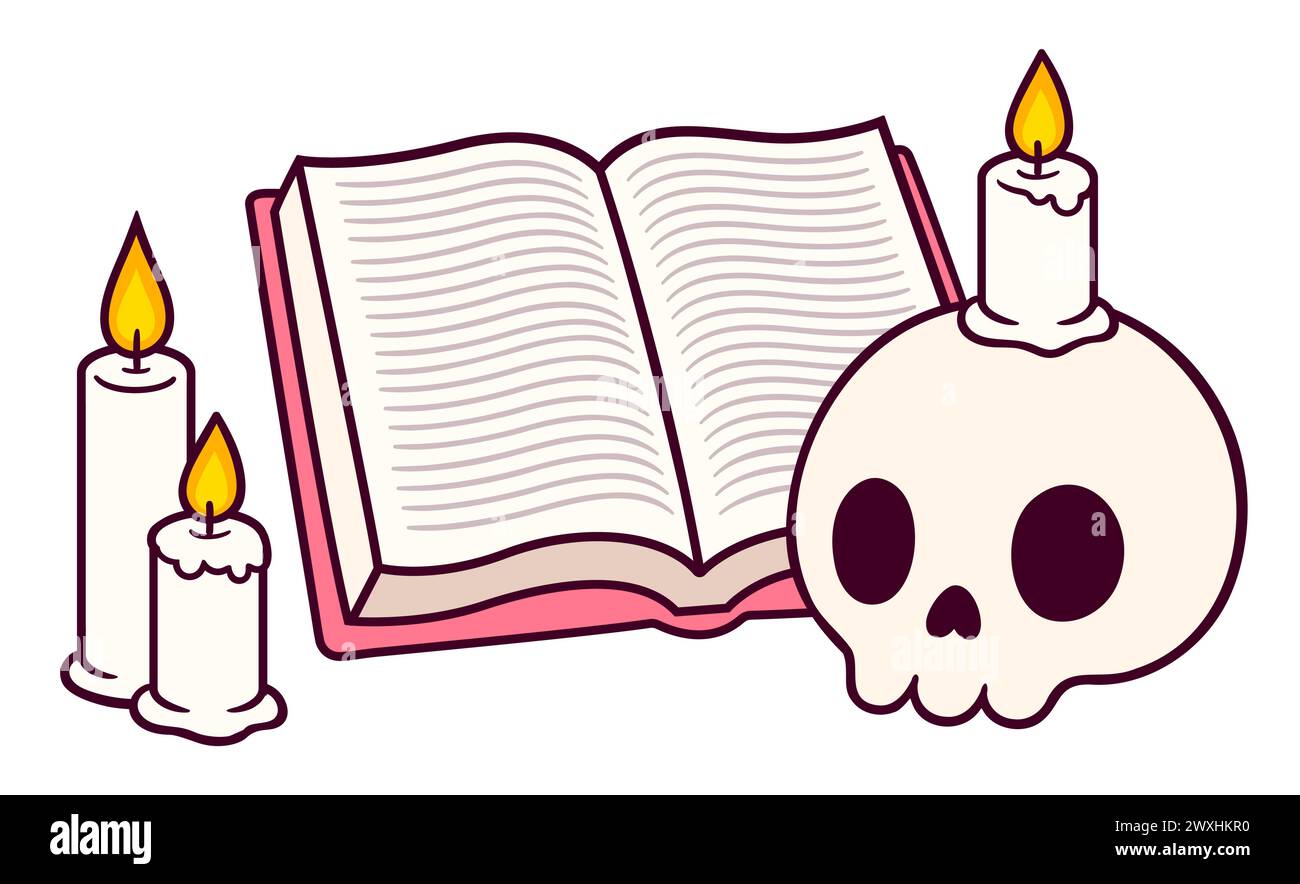 Cartoon book, candles and human skull. Simple hand drawn doodle, vector ...