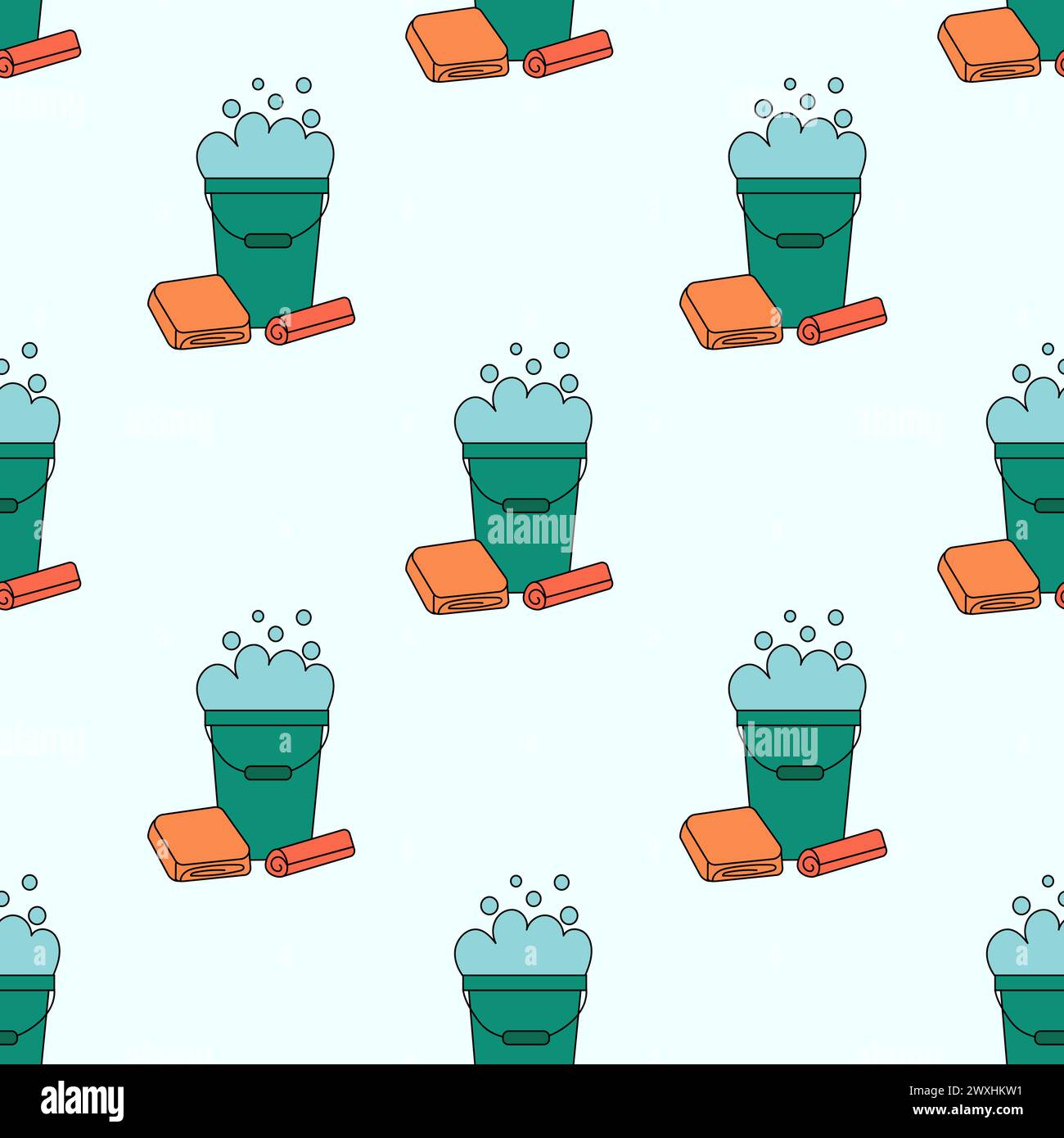 Seamless Pattern with Cleaning Tools Elements. Bucket of rags. Vector ...