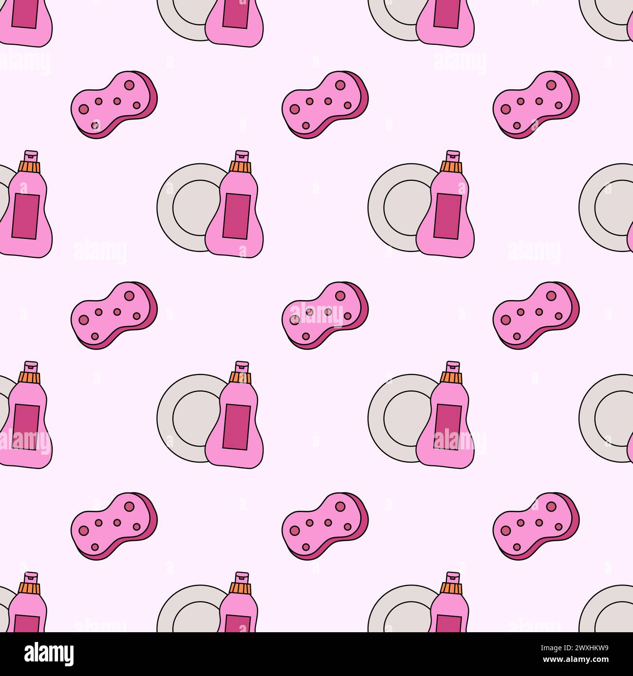 Seamless Pattern with Cleaning Tools Elements. Plate, washing up liquid ...
