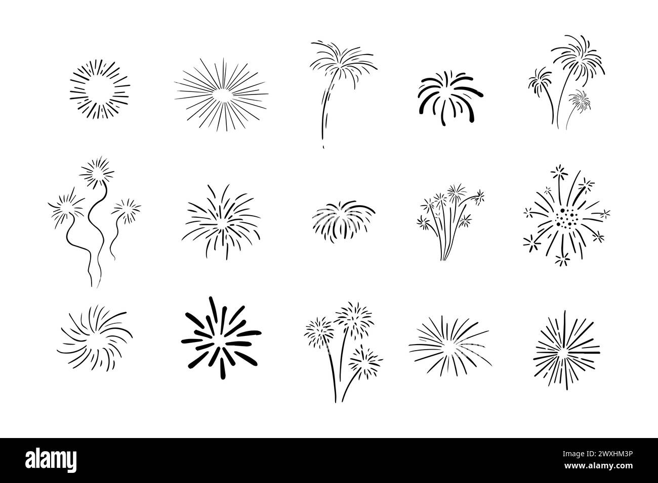 Set fireworks doodle line explosion radial sparkler with rays, hand ...