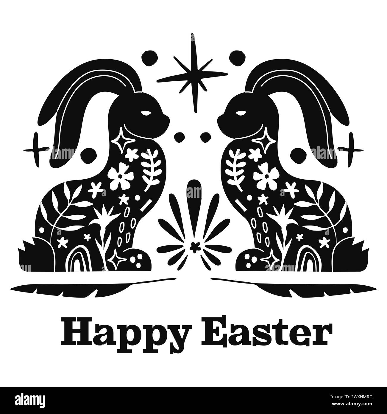 Black and White Linocut of Easter hares Stock Vector Image & Art - Alamy