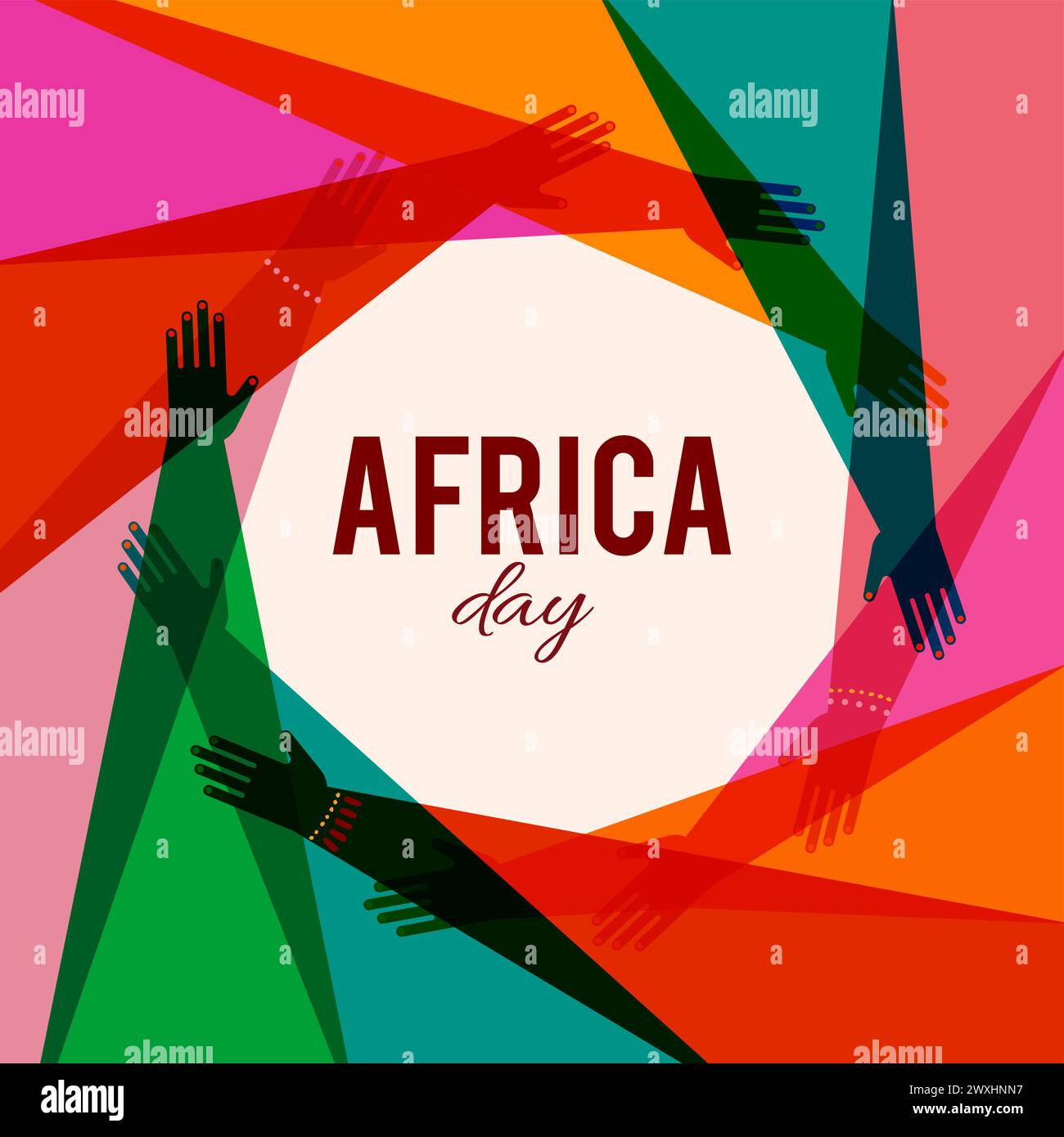 Colorful poster with circle of hands. Africa day, together, community ...