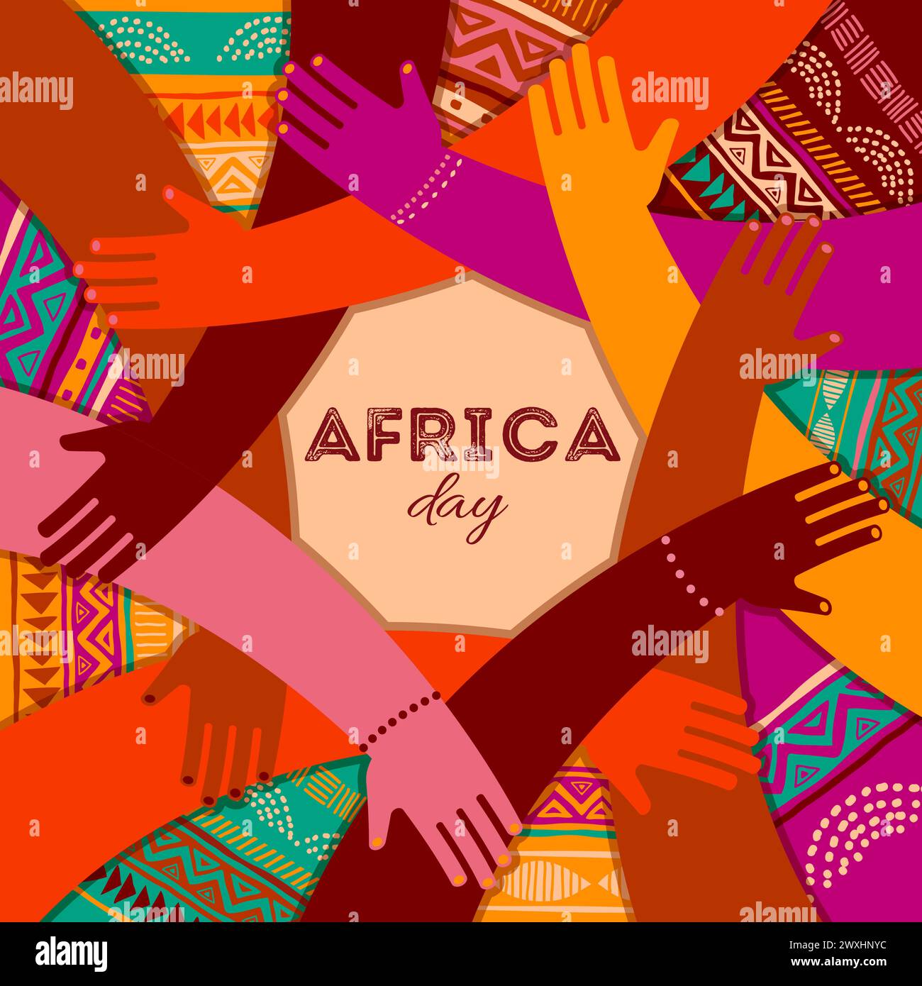 Colorful poster with circle of hands. Africa day, together, community ...
