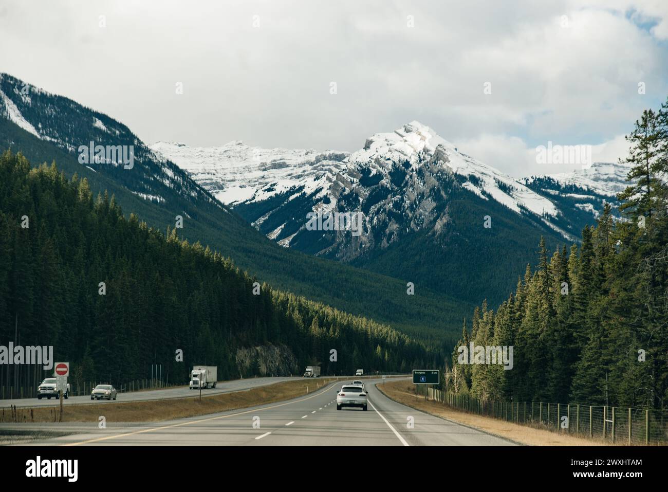 Trans-Canada highway in Banff National Park, showing the wildlife crossing overpass. High ...