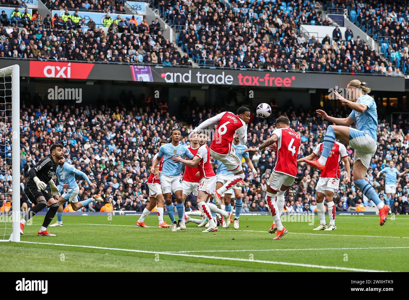 Gabriel of Arsenal heads clear during the Premier League match ...