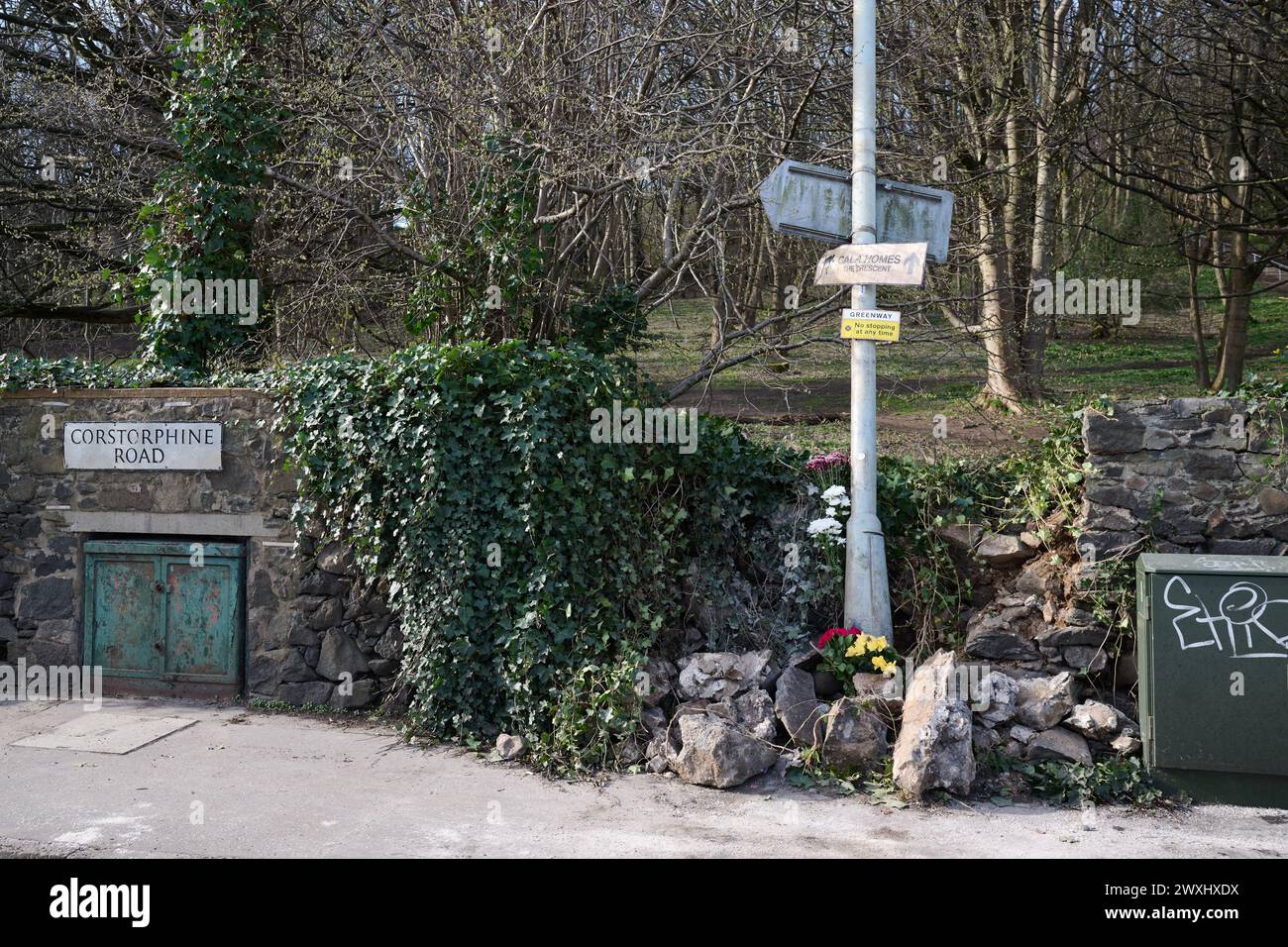 Edinburgh Scotland, UK 31 March 2024. Flowers left at the junction of ...