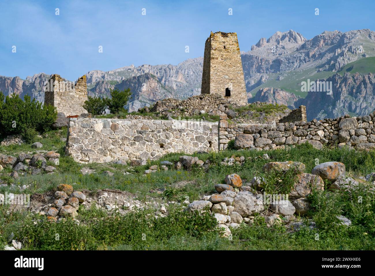 Sunny June day at the ruins of the ancient Ossetian village of Tsmiti ...