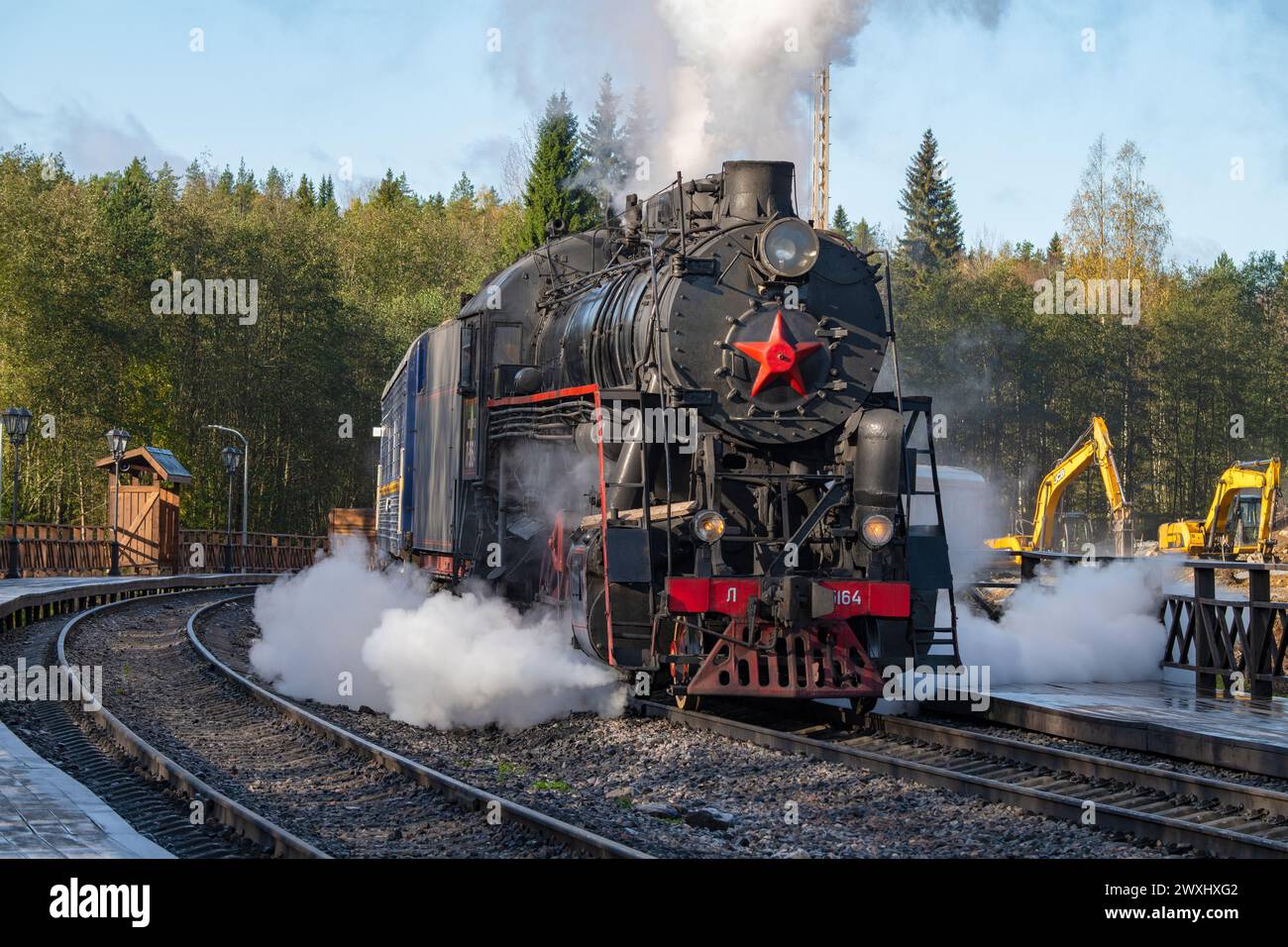 RUSKEALA, RUSSIA - OCTOBER 06, 2023: Old steam locomotive L-5164 with ...