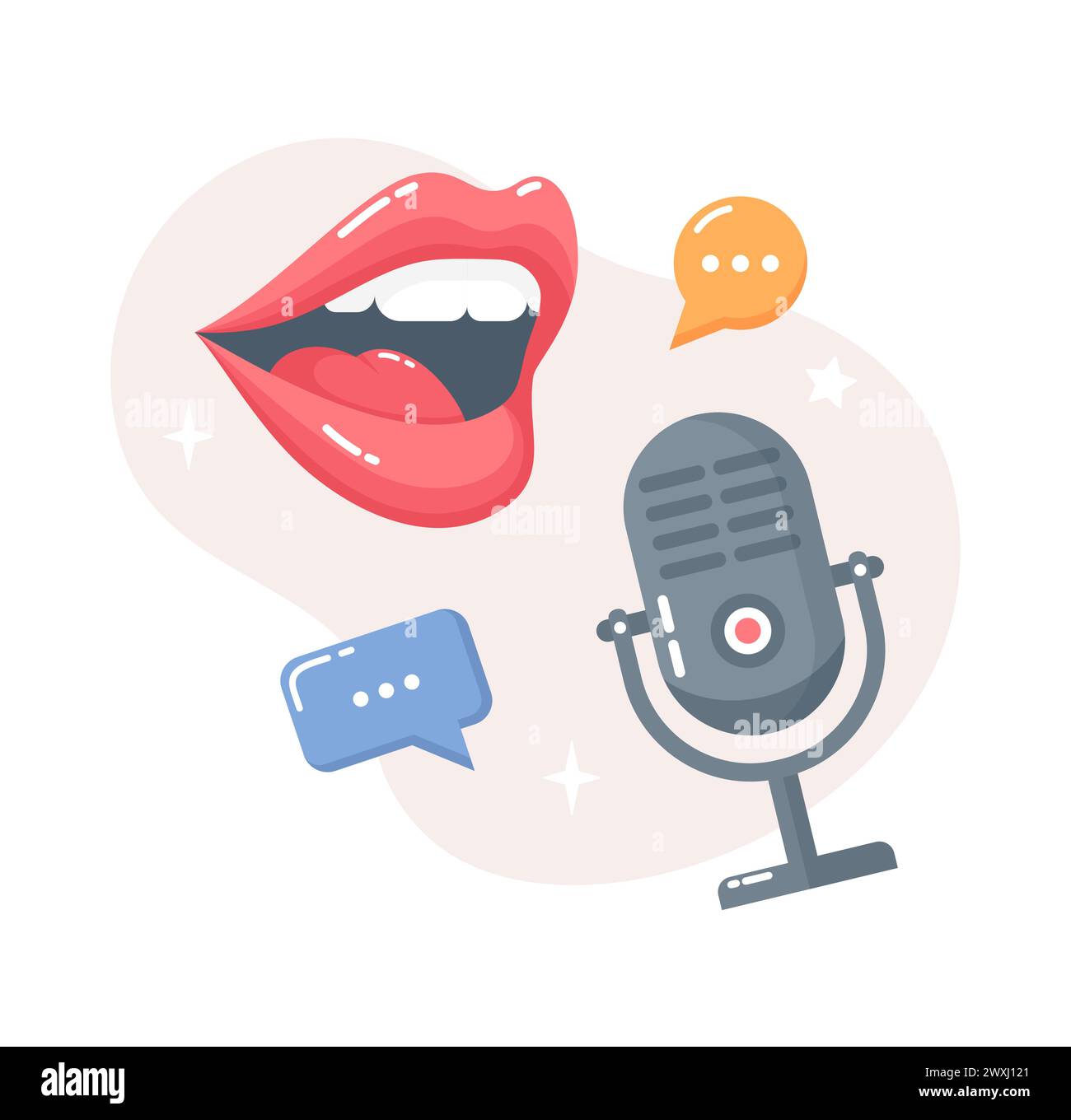 Talking female mouth, microphone and speech bubbles. Podcast concept ...
