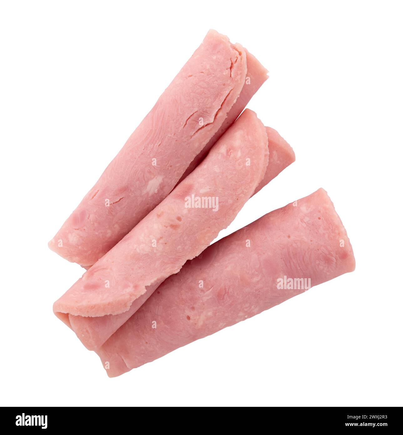 folded slices of boiled ham sausage isolated on white background with ...