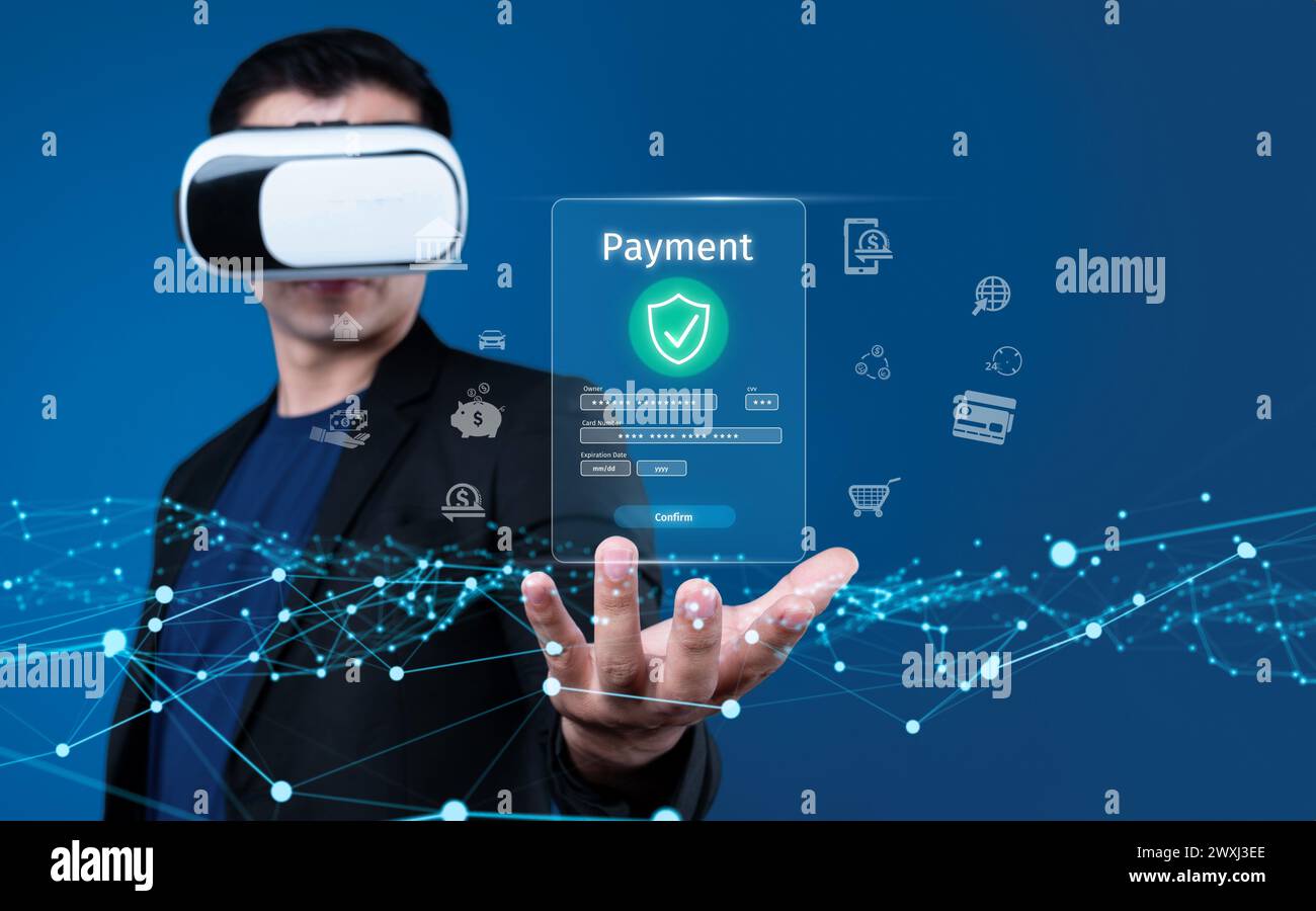 Business person initiates an online payment transaction, showcasing ...