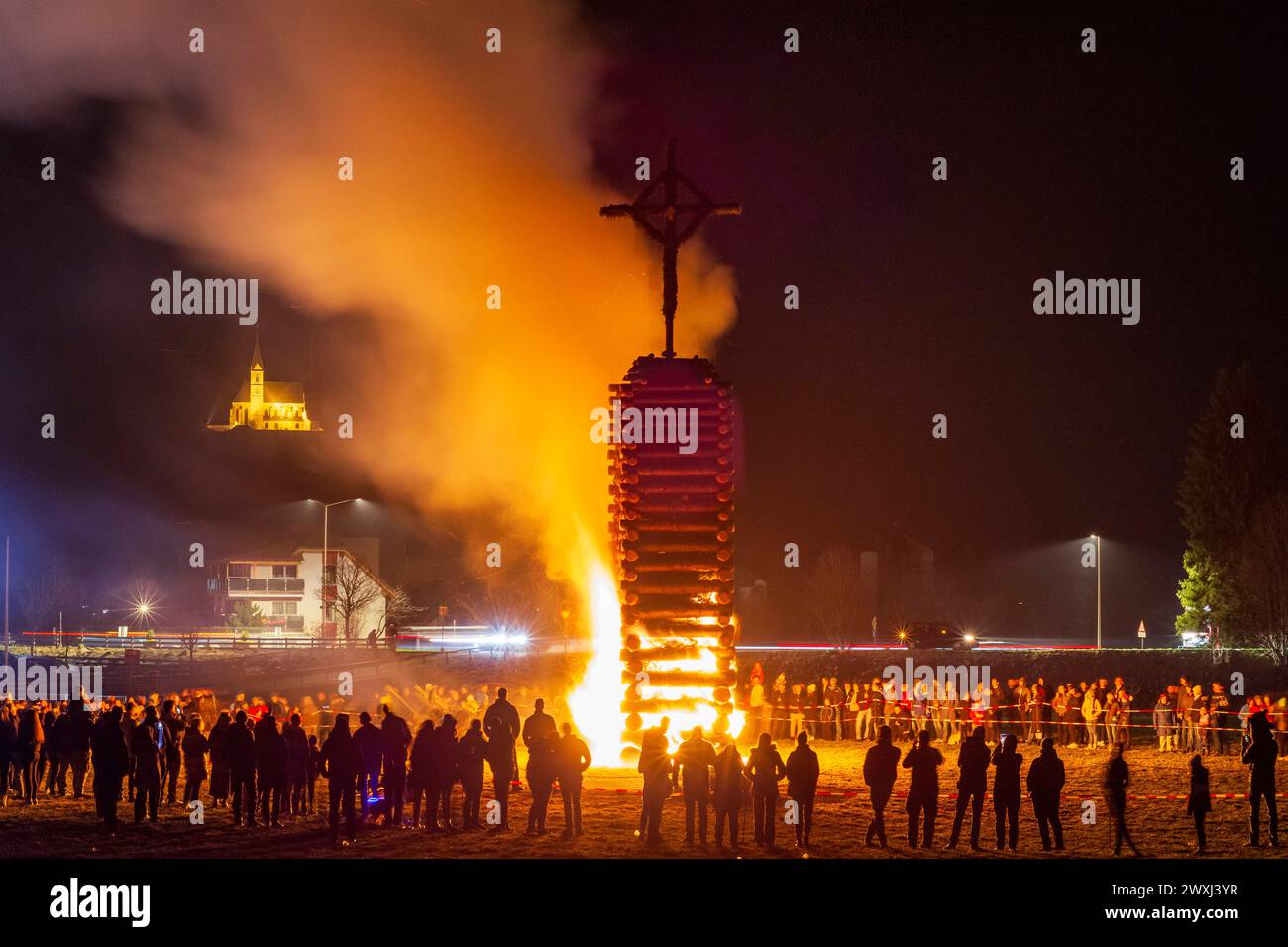 Easter fire, wooden towers made from spruce trunks and filled with ...