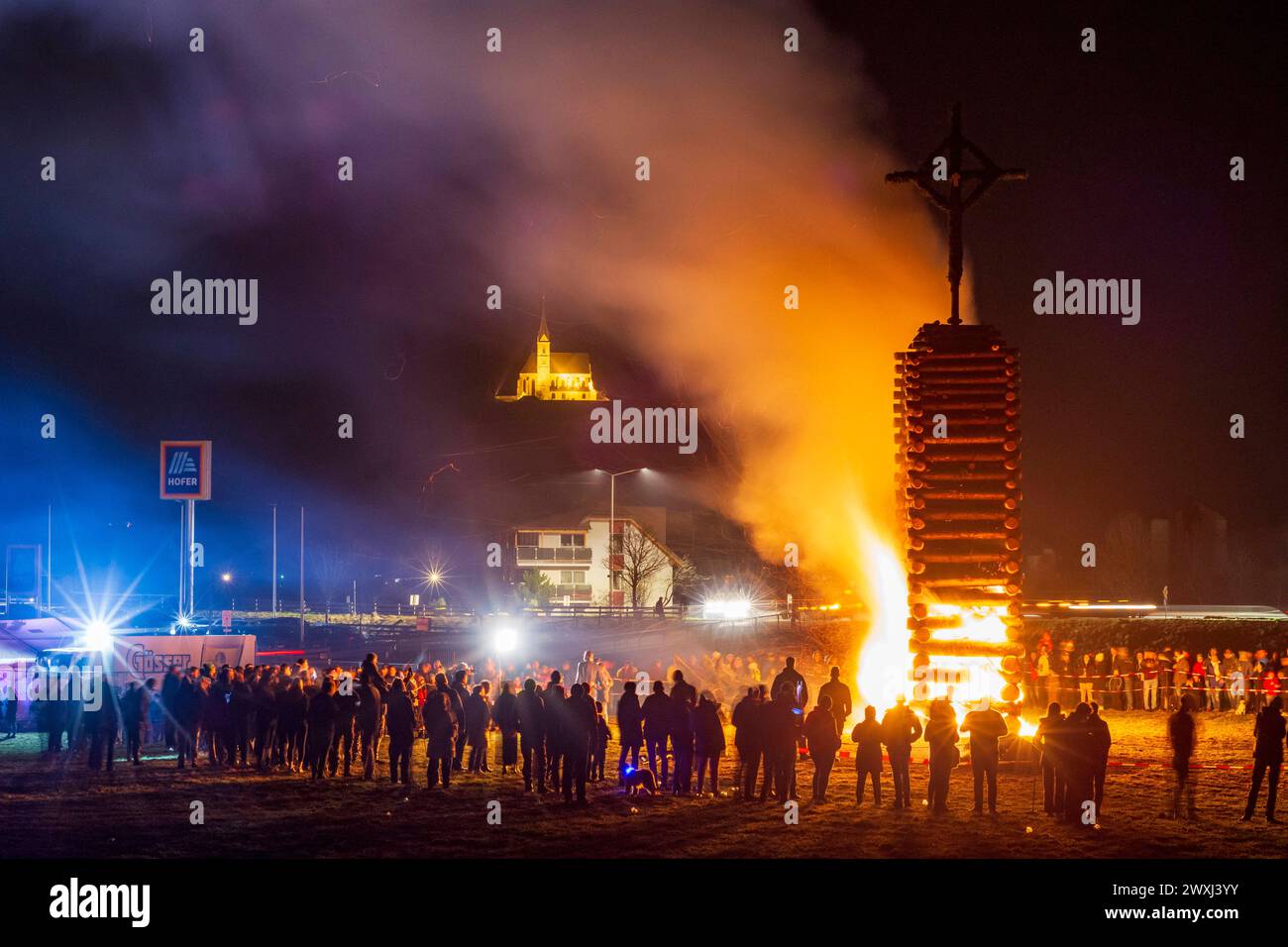 Easter fire, wooden towers made from spruce trunks and filled with ...