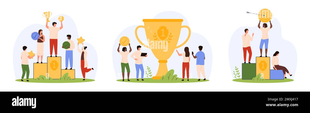 Winners prize for success victory in business competition set. Tiny ...