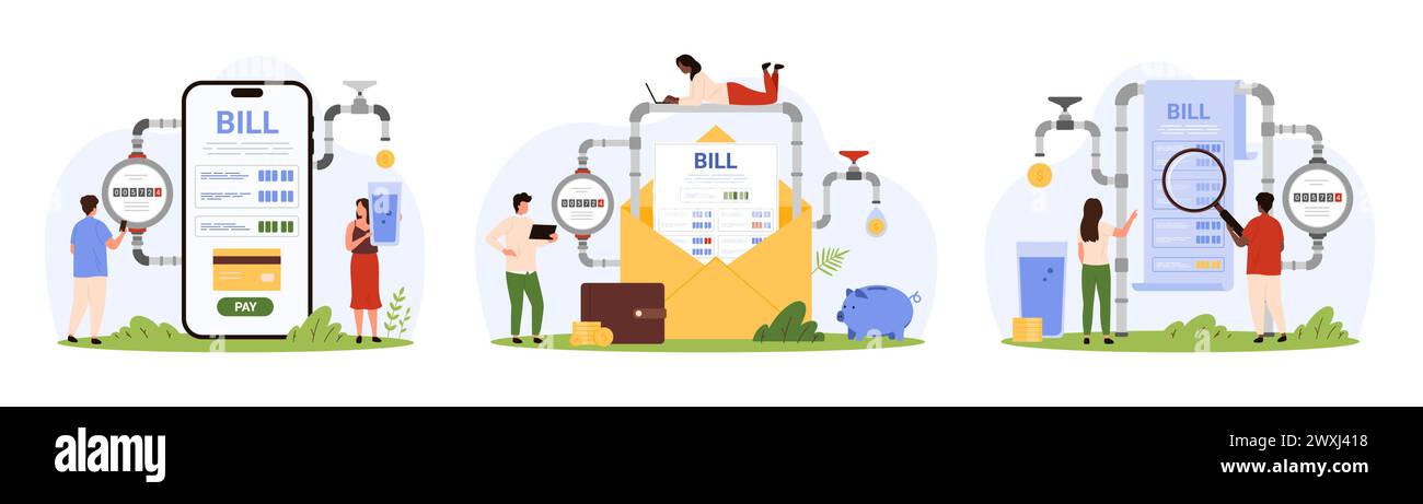 Payment of utility services, water bill set. Tiny people pay for water consumption according to ...