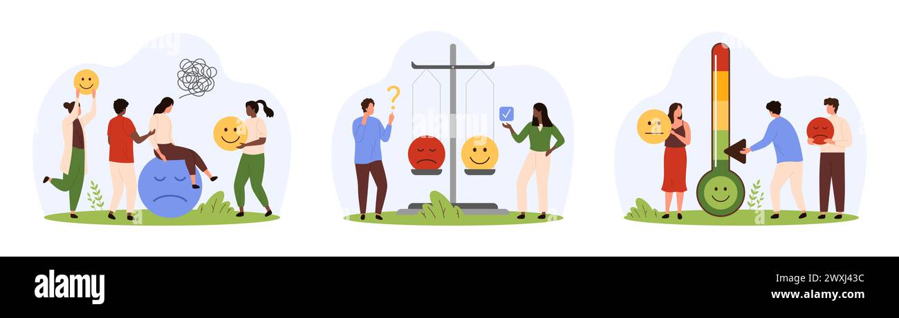 Stress level meter for customer feedback set. Tiny people control mood ...