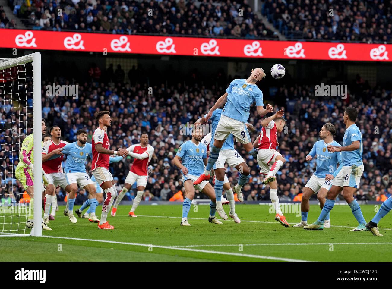 Manchester City's Erling Haaland wins a header during the Premier ...