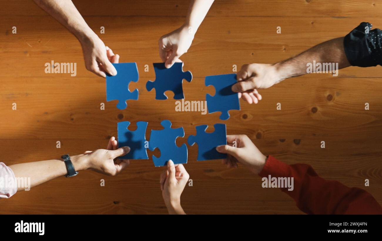 Top down view of skilled business people separated blue jigsaw puzzle ...