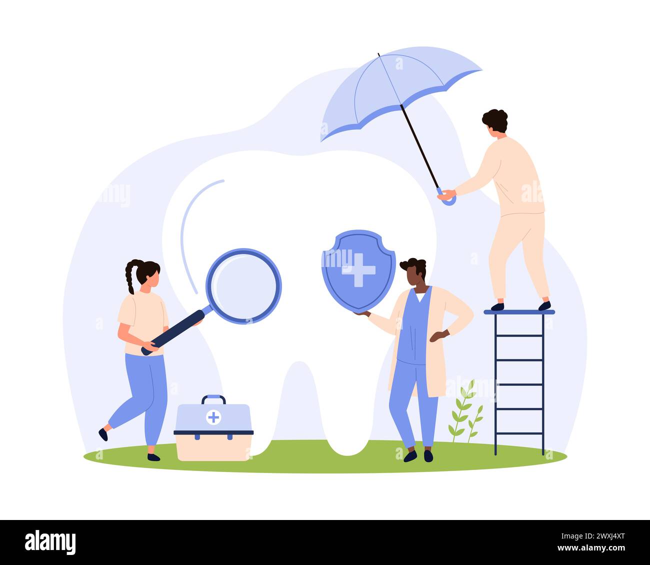 Dental insurance. Tiny people holding magnifying glass to study tooth ...