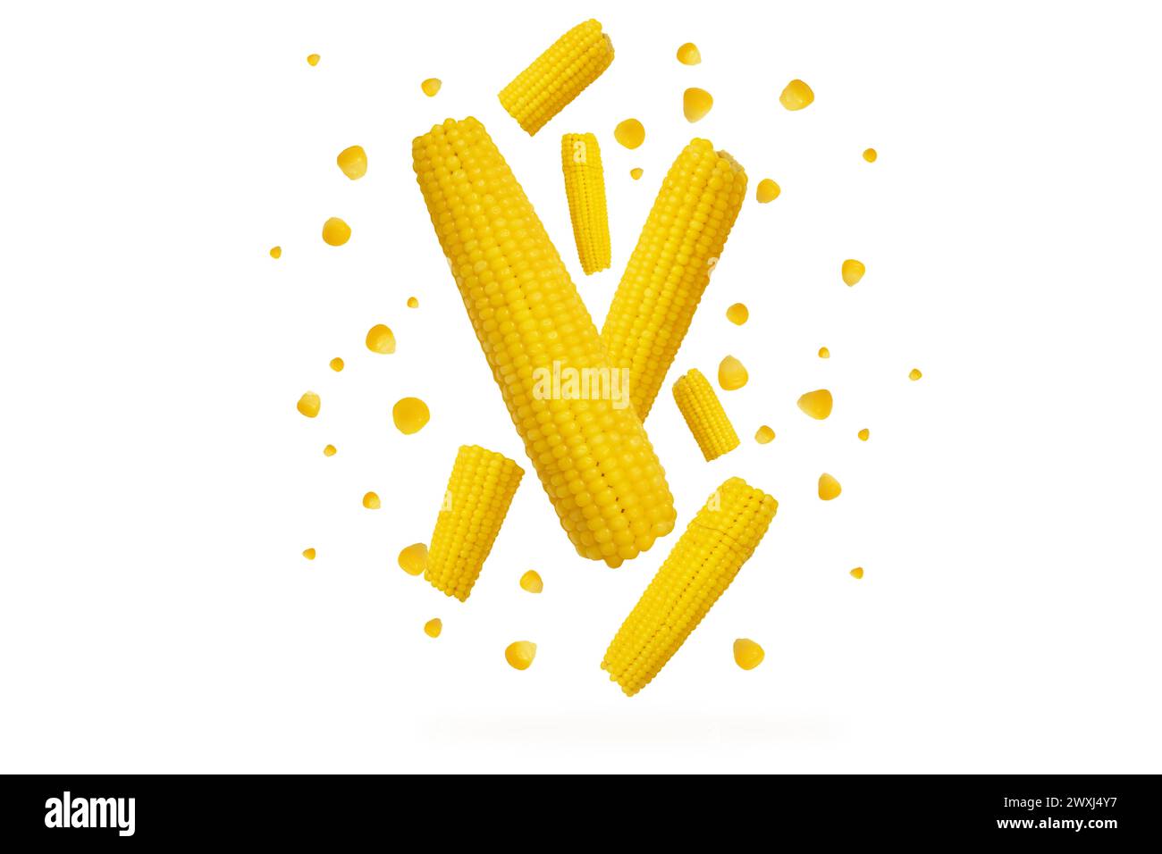corn cobs flying on a white background Stock Photo - Alamy