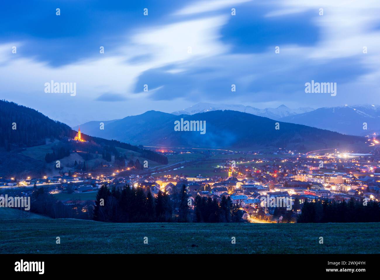Tamsweg: view to Tamsweg, church St. Leonhard ob Tamsweg on hill, High ...