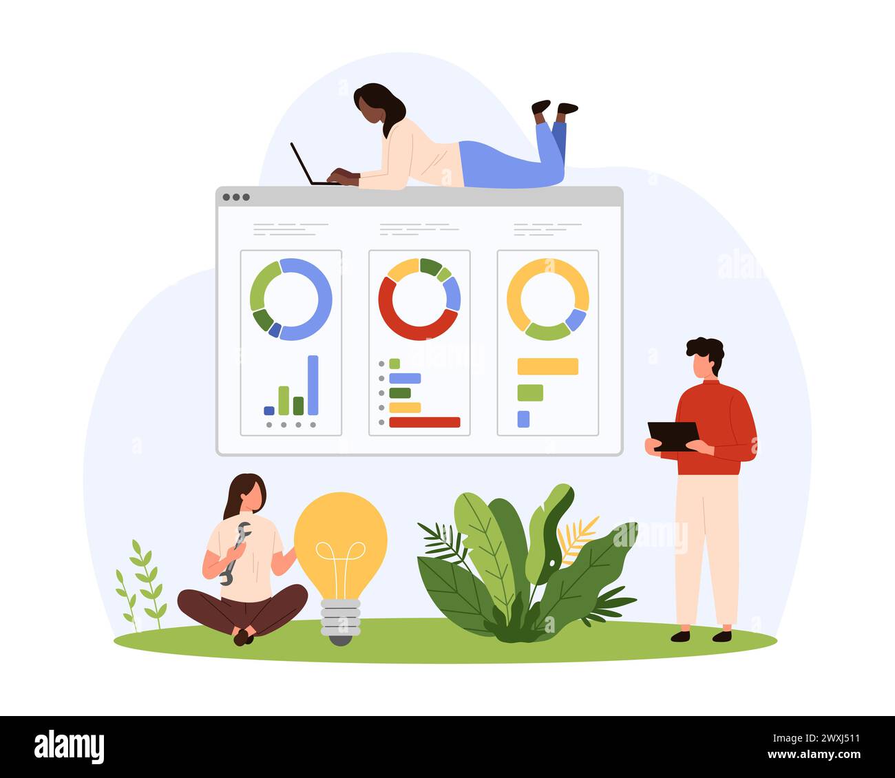 Statistics analysis of marketing data and pie charts. Tiny people work with digital graph and ...