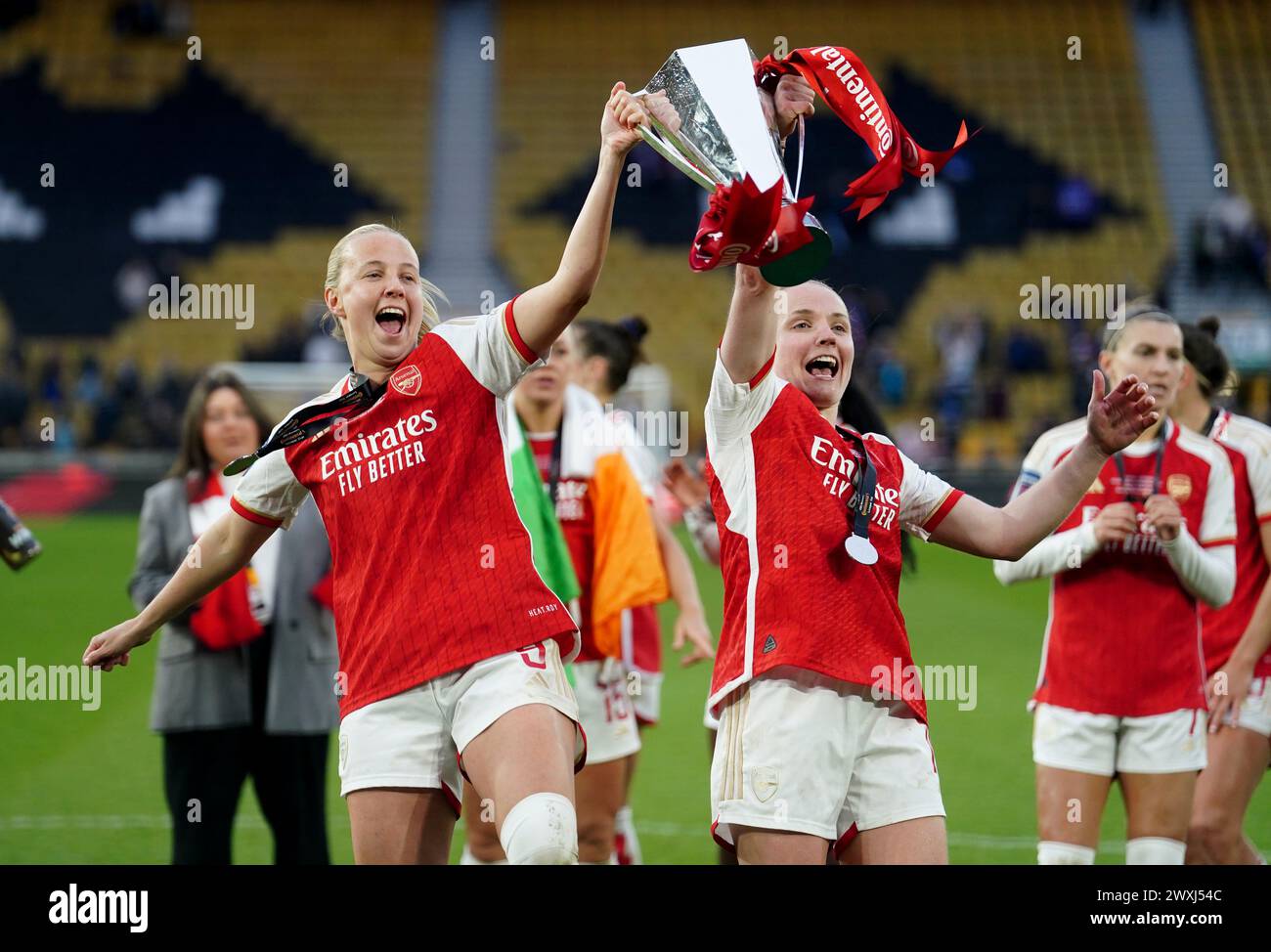 Arsenal's Beth Mead (left) and Kim Little lift the Continental Tyres ...